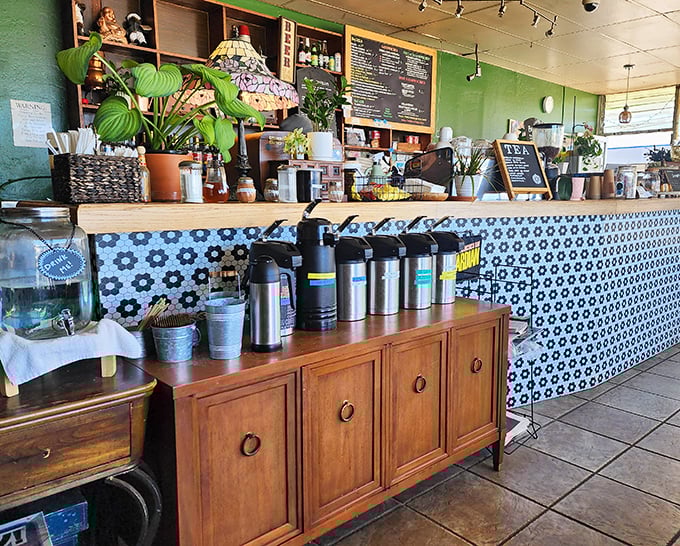 The service counter's blue-and-white tile pattern and thriving plants create the feeling you've wandered into someone's particularly welcoming coastal kitchen.