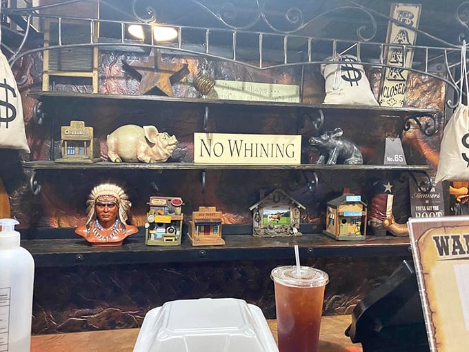 Look closely at the shelves and you'll spot the "No Whining" sign—a gentle reminder that in Texas, we take our comfort food seriously, but not ourselves.