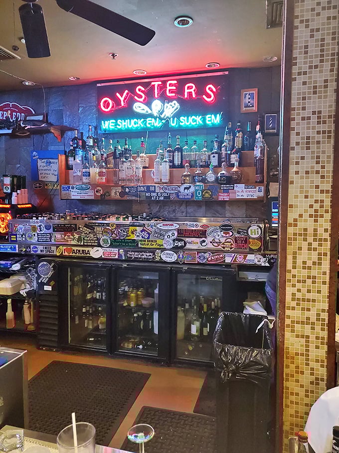 The sticker-covered bar tells stories of visitors past – each one a tiny testament to memorable meals shared in this beloved space.