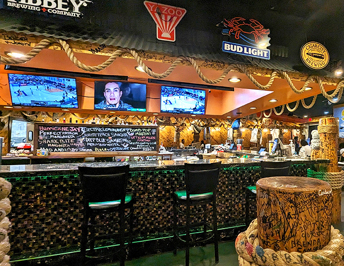 That cartoon crab on the wall isn't just cute—he's watching to make sure your seafood experience is nothing short of spectacular.