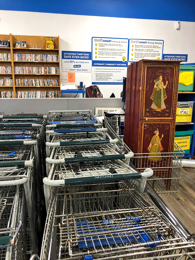 Shopping carts lined up with military precision beneath signs explaining the color tag system—the secret codex of serious thrifters.