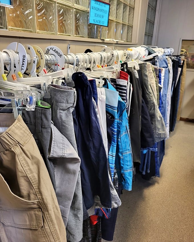 Denim options hang in organized rows, proving that the perfect pair of jeans exists at every price point.