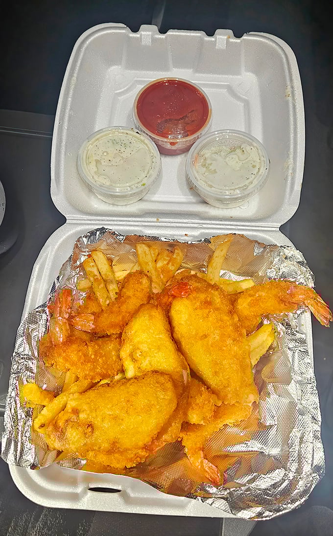Golden-fried shrimp and fries in their foam throne—proof that Rosati's seafood game deserves your attention too.