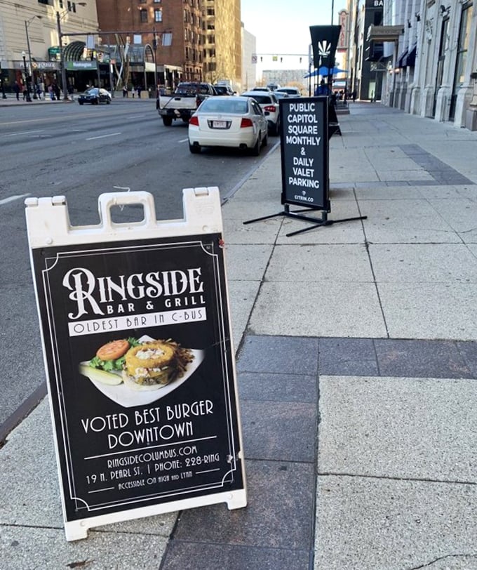 "Voted Best Burger Downtown" isn't just marketing—it's a promise kept with every bite. This sidewalk sign isn't lying to you, friend.