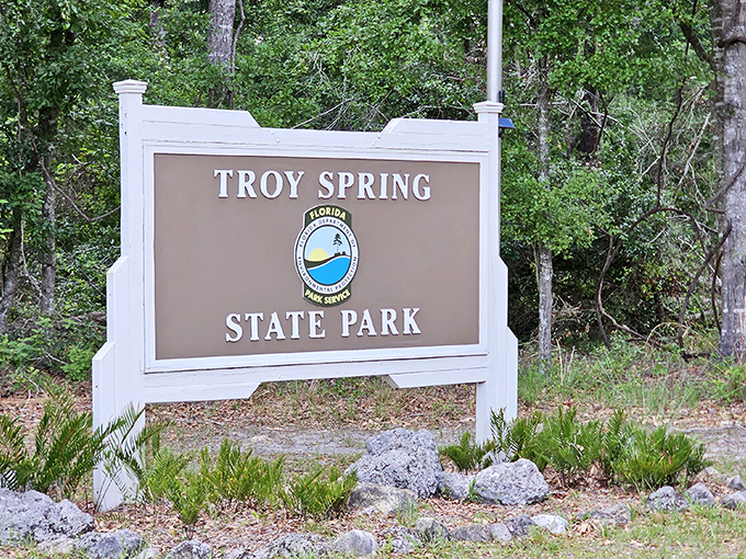 The park's entrance sign – your official invitation to one of Florida's best-kept secrets. No velvet rope, just pure natural VIP treatment ahead.
