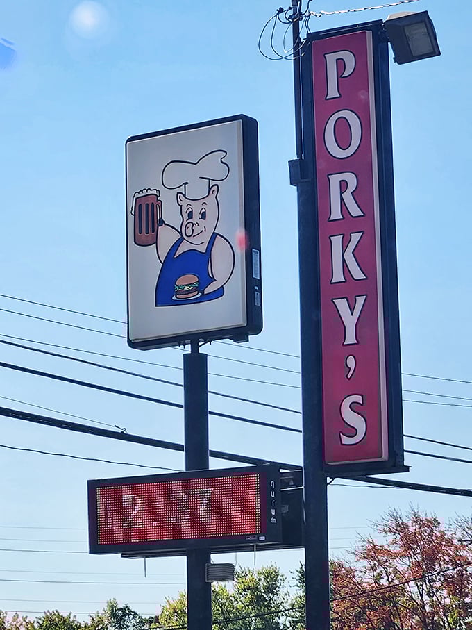 The iconic Porky's sign stands tall against the Ohio sky, a beacon of burger hope for hungry travelers.