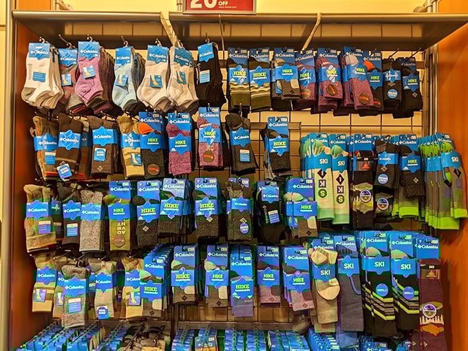 Sock central – because even your feet deserve a wardrobe upgrade. Columbia's wall of foot comfort proves no shopping detail is too small.