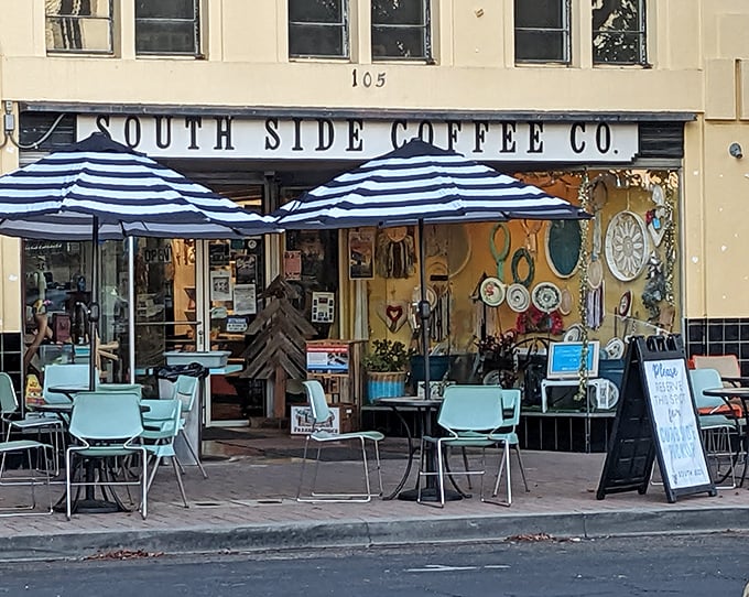 South Side Coffee Co. embodies the perfect morning ritual: locally roasted beans, blue-striped awnings, and conversations with neighbors who know your name.