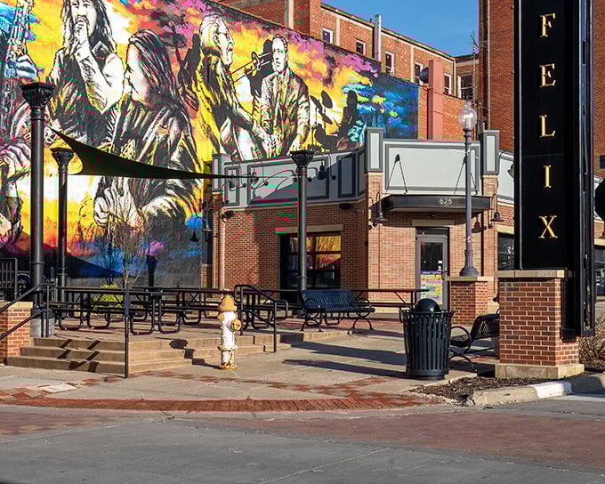 This vibrant jazz mural outside Felix Street Square captures the soul of St. Joseph's musical heritage with strokes as bold as Coleman Hawkins' saxophone solos.