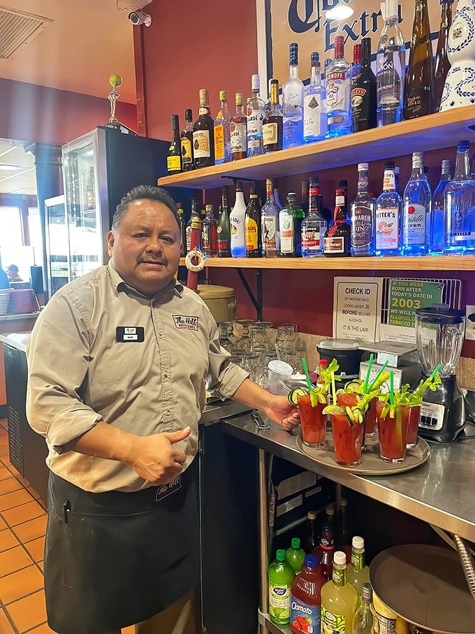 The staff takes pride in their Bloody Mary presentation—each garnished glass a small work of art that happens to contain vodka.