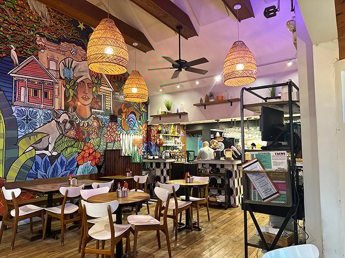 The indoor dining room where wooden beams and that spectacular mural create the perfect backdrop for breakfast epiphanies.