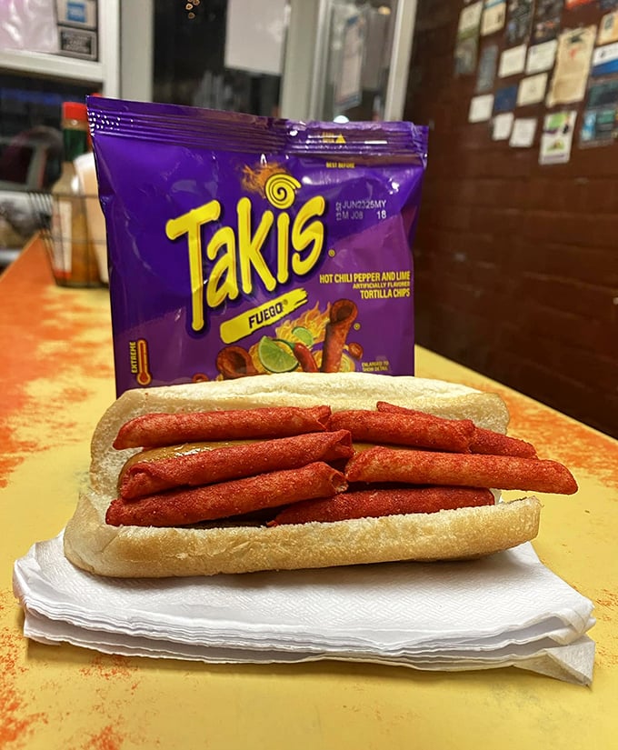 The Takis dog—where spicy rolled tortilla chips meet frankfurter. A modern twist that somehow feels right at home in this decades-old establishment.
