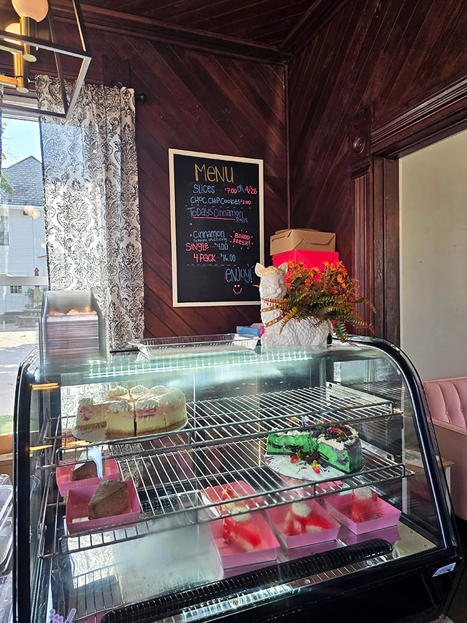 A dessert case that makes dieting feel like a crime against humanity. That cheesecake didn't travel across three states to reach your plate. 