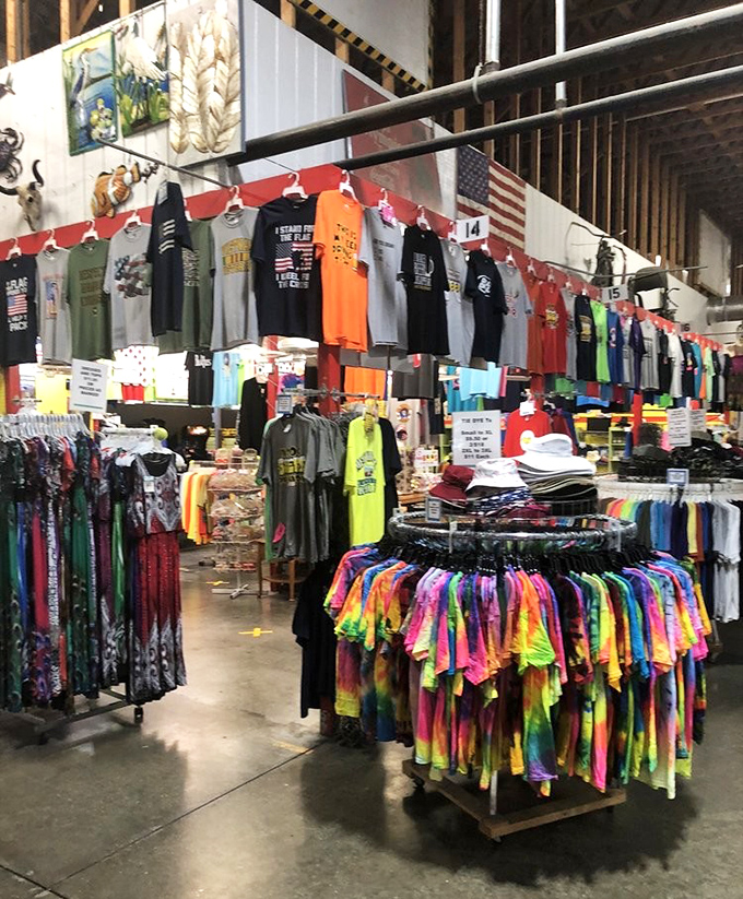 T-shirt alley where fashion meets Florida humor. That tie-dye collection is brighter than the Sunshine State itself!