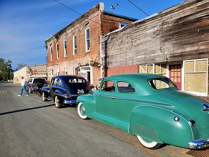 Classic cars and classic architecture—a scene that makes you wonder if you've driven through a time portal to when America still made things built to last.