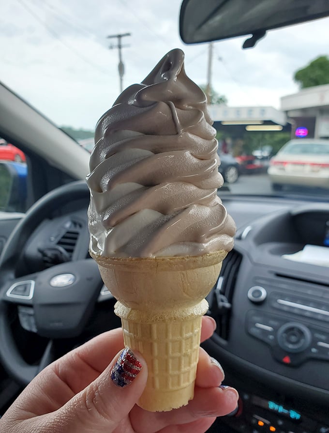 Soft serve that defies gravity and expectations—chocolate and vanilla twisted together like the perfect marriage of flavor and nostalgia.