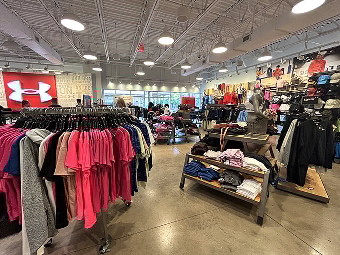 Under Armour's athletic empire spreads across the store, promising performance gear for every fitness level.
