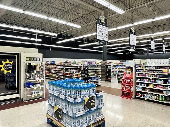 Bright overhead lighting illuminates a grocery wonderland where essentials meet affordability—a rare combination in today's economy.