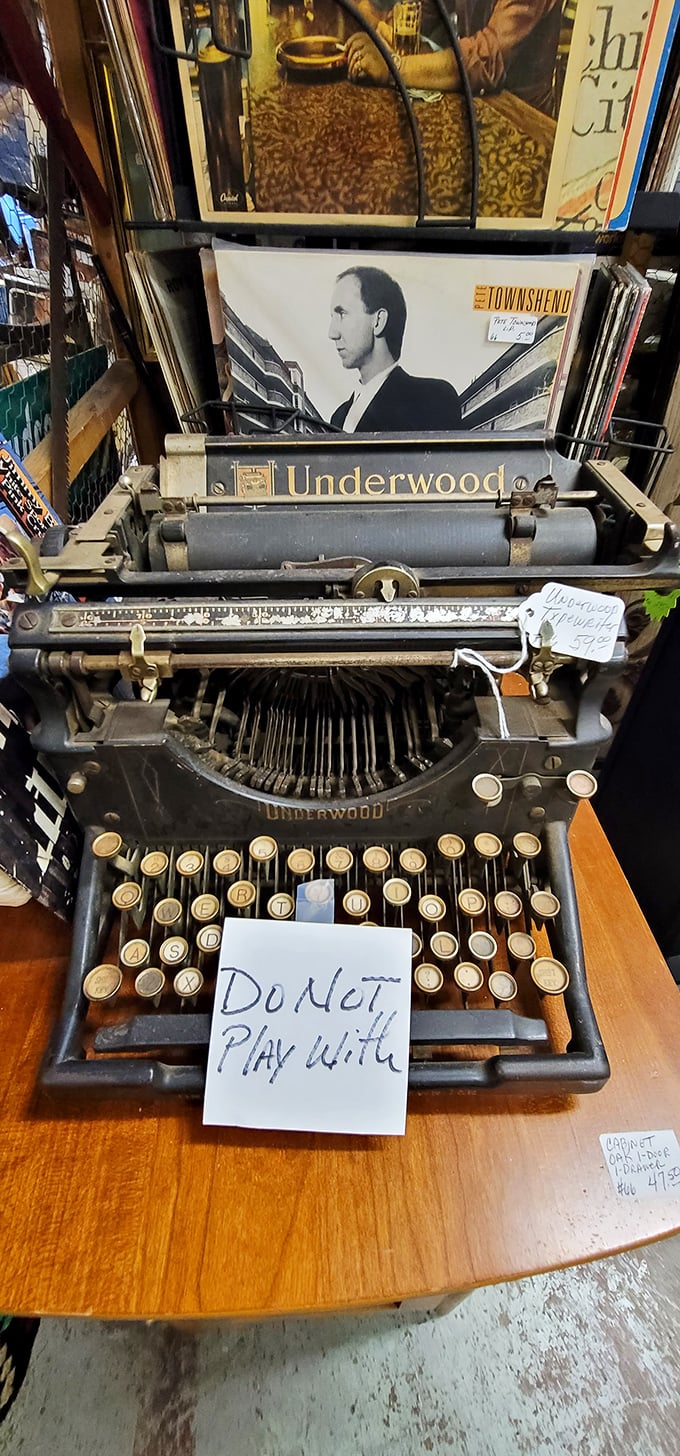 "DO NOT PLAY WITH"—sage advice for this vintage Underwood typewriter. Imagine the letters, novels, and love notes that danced across these keys.
