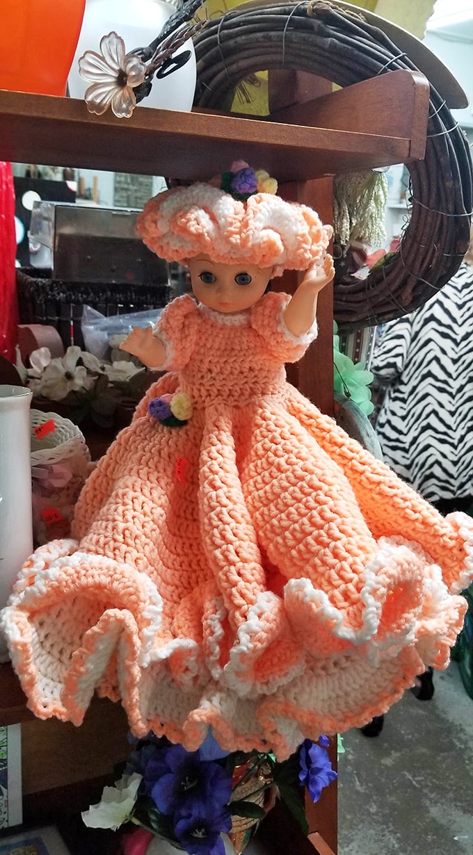 This handcrafted doll in her peachy crochet gown looks like she stepped straight out of a Southern debutante ball.