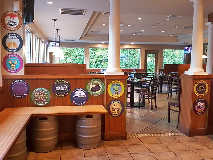 Beer badges line the walls like merit badges for adults—each one a testament to brewing adventures worth taking.