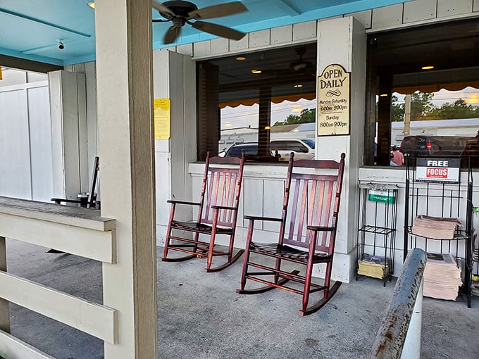 Rocking chairs on the porch say "stay awhile" – the perfect spot to contemplate whether a third trip to the buffet is excessive or essential.