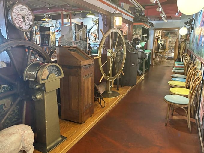Vintage maritime equipment lines the walls – not just decoration but a museum of seafaring history between bites of lobster.