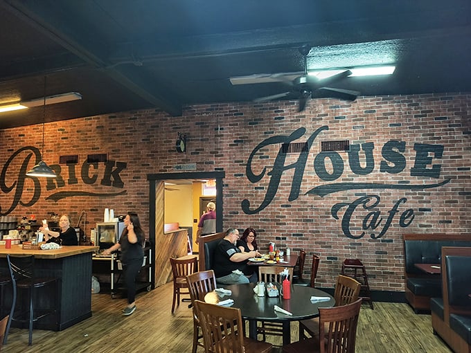 The counter seating area—where solo diners become part of the Brick House family and coffee refills flow like conversation.
