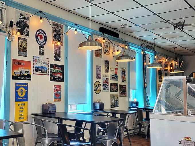 String lights and vintage automotive signs create an atmosphere that's both nostalgic and Instagram-worthy—the best of both worlds.