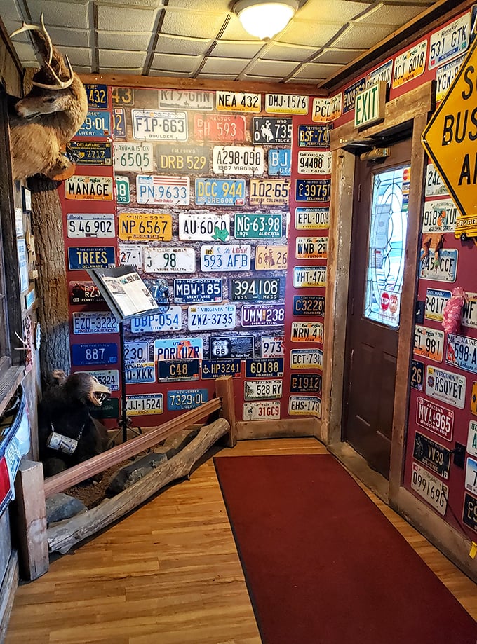 A wall of license plates that tells more stories than a library—each one representing a journey that ended deliciously.