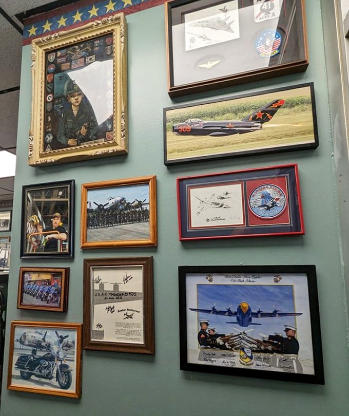 The walls aren't just decorated—they're a museum of American aviation history that gives your breakfast a side of patriotism.