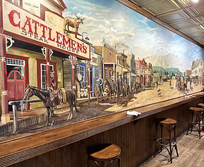This mural doesn't just decorate the wall—it tells the story of Texas cattle culture with every brushstroke and longhorn.