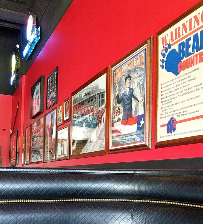 Chicago sports history lines the walls – a visual reminder that you're in Bears and Cubs territory. The perfect conversation starters between bites.