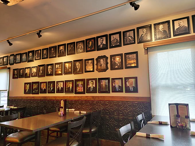 The presidential portrait gallery gives new meaning to "dining with dignitaries"—a quirky touch that makes history part of the experience.