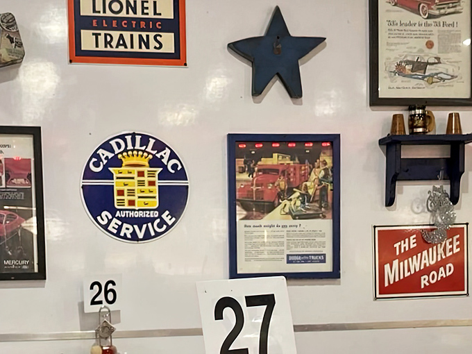Wall décor that tells stories of American nostalgia—from Lionel trains to Cadillac service, each sign a chapter in our collective memory.