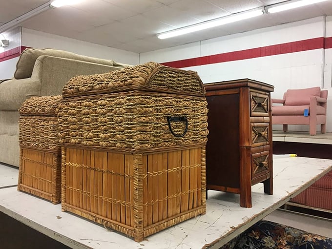 Wicker meets wood in this corner of possibilities. One person's decluttering mission becomes your home's new conversation piece.