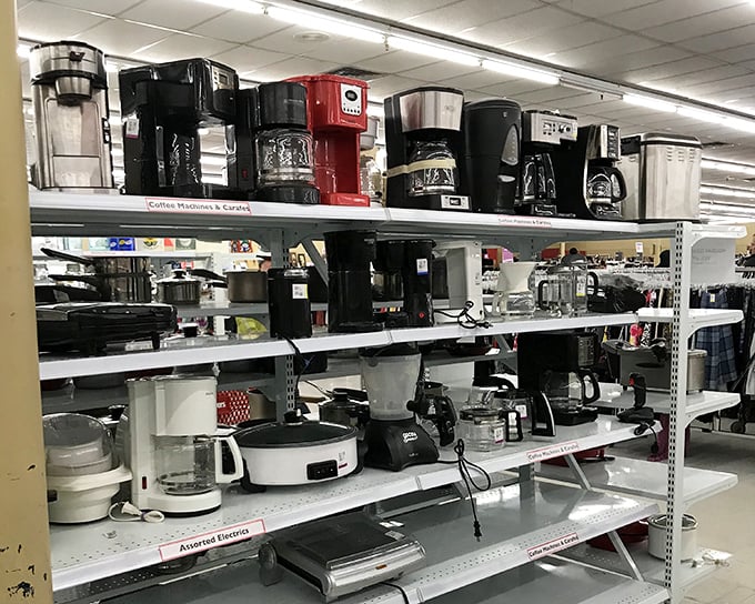 Coffee maker convention meets small appliance social hour. Every caffeine delivery system imaginable stands ready for its second act in your kitchen.