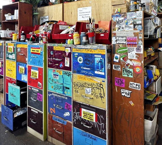 These graffiti-adorned filing cabinets once organized corporate America's secrets; now they're artistic storage for creative supplies.