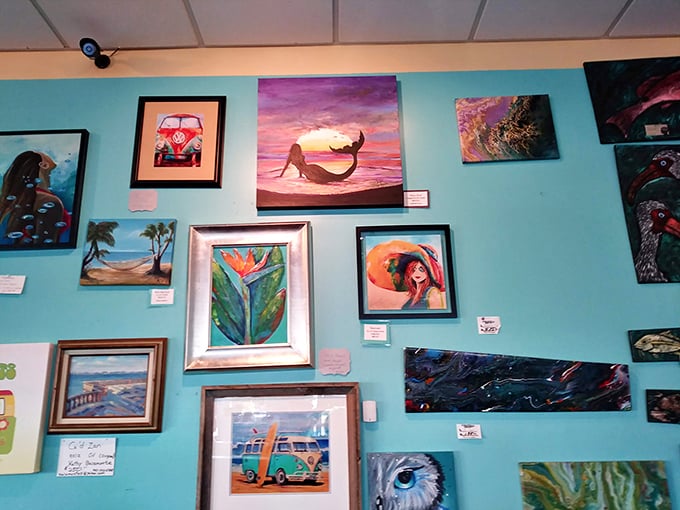 Local art watches over your meal like colorful breakfast guardians ensuring maximum enjoyment.
