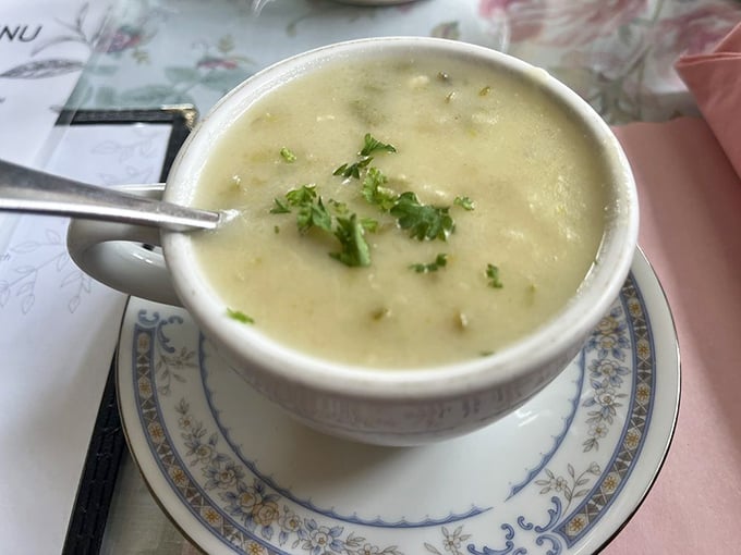 Soup so elegant it arrives wearing fresh herbs like jewelry – comfort food dressed for a garden party.