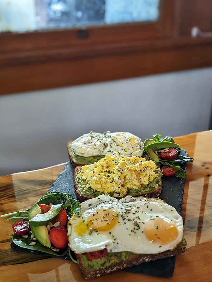 Avocado toast elevated to an art form. Three variations that prove this isn't just a millennial cliché but a legitimate breakfast masterpiece.