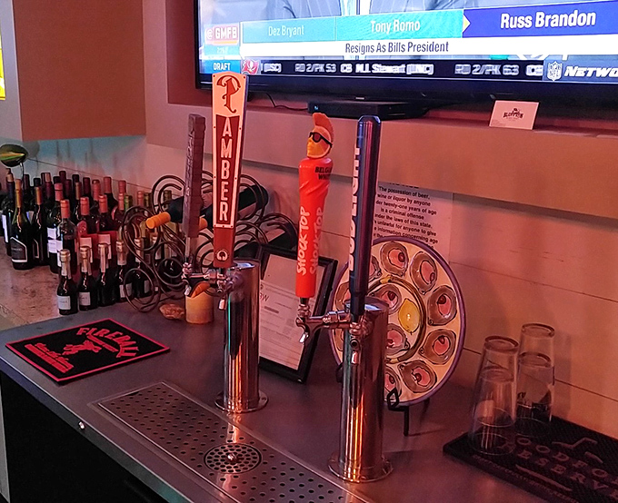 Beer taps standing at attention, ready to complement your seafood choices with liquid encouragement.