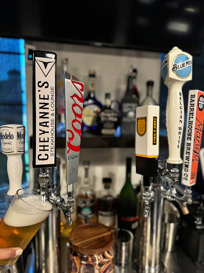 The bar's tap lineup reads like a liquid road trip across America, with local brews standing proudly alongside the classics.