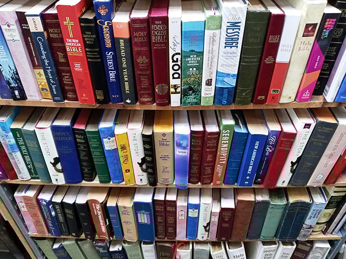 The spiritual section stands as a testament to the diversity of thought under one roof. These spines have been opened by countless hands seeking wisdom, comfort, and understanding.