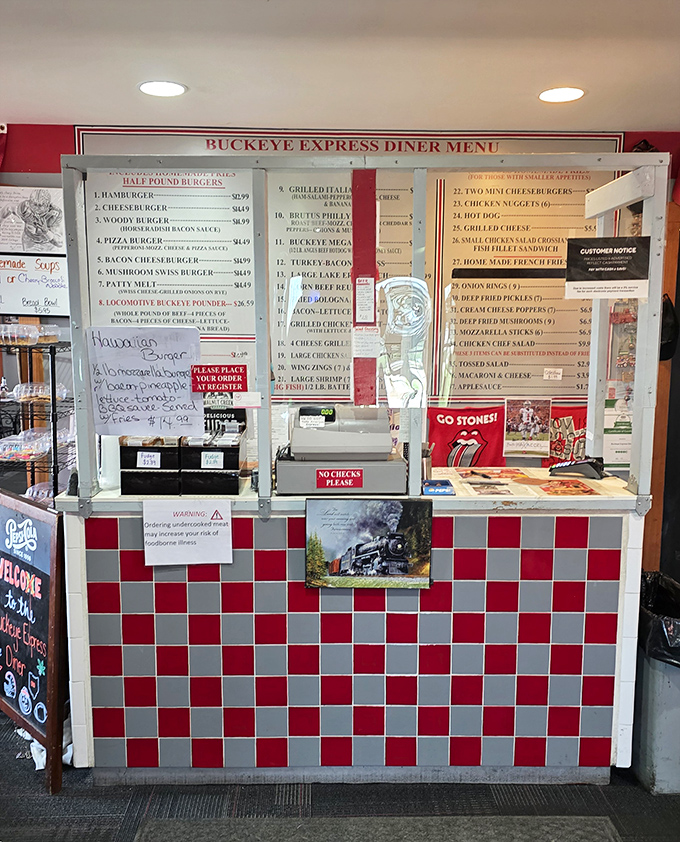 Command central for comfort food! The red and gray checkered counter is where culinary dreams become delicious reality.