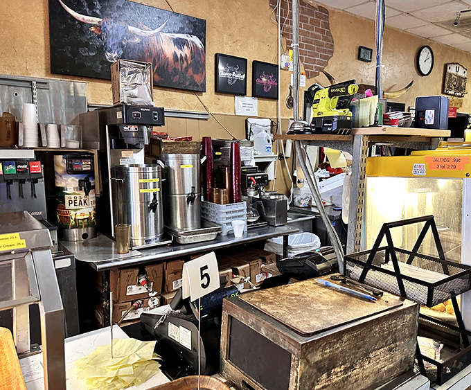 The coffee station and register – where the aroma of fresh brew mingles with the satisfaction of knowing you're about to have a proper meal.