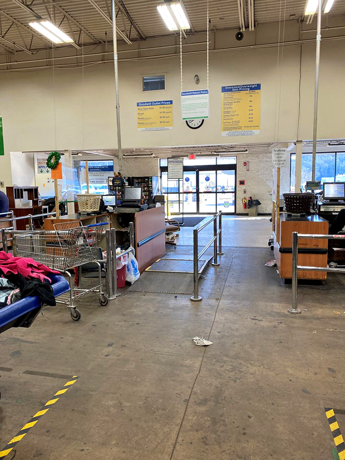 Command central – where treasures are weighed and priced. The yellow pricing signs overhead are the final arbiters of your bargain-hunting success.