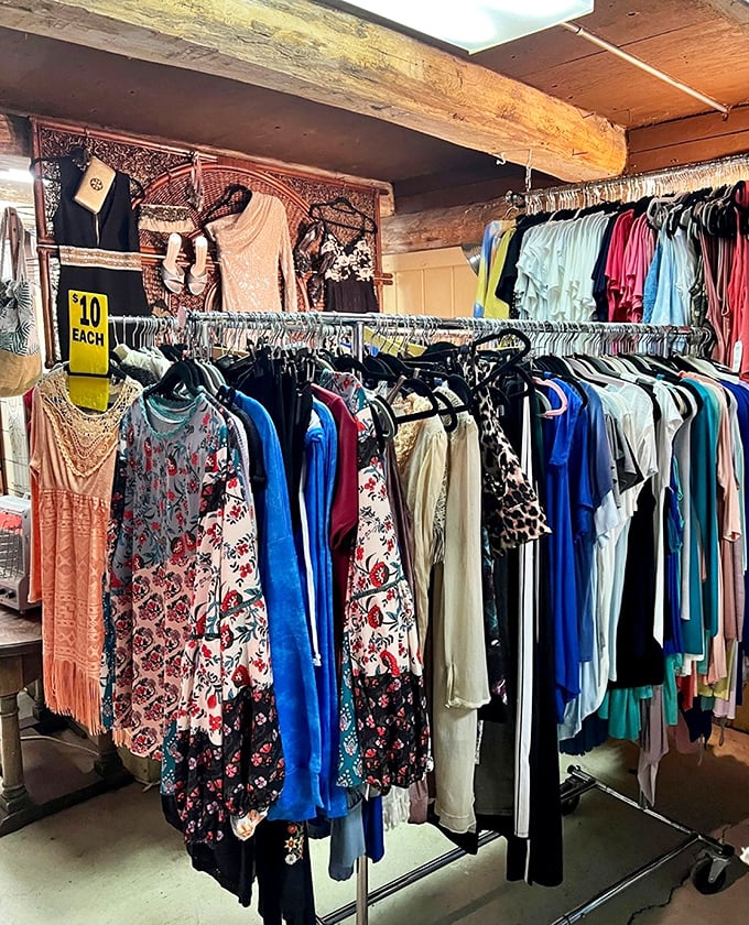 Vintage clothing heaven awaits inside this rustic stall. At $10 each, these pieces prove style doesn't have to break the bank!