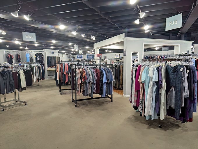 The men's and plus-size departments stand ready with options. No fast fashion here—just solid wardrobe foundations.