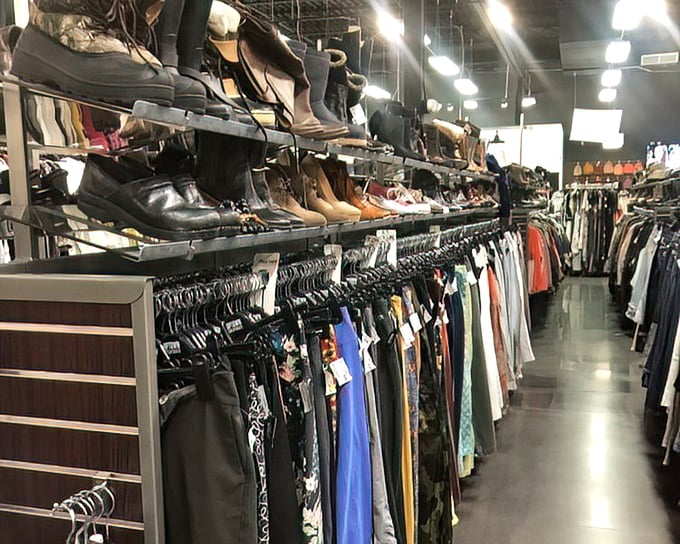 The shoe wall deserves its own Instagram account. Footwear fantasies arranged by size and style—revolutionary in the secondhand world.